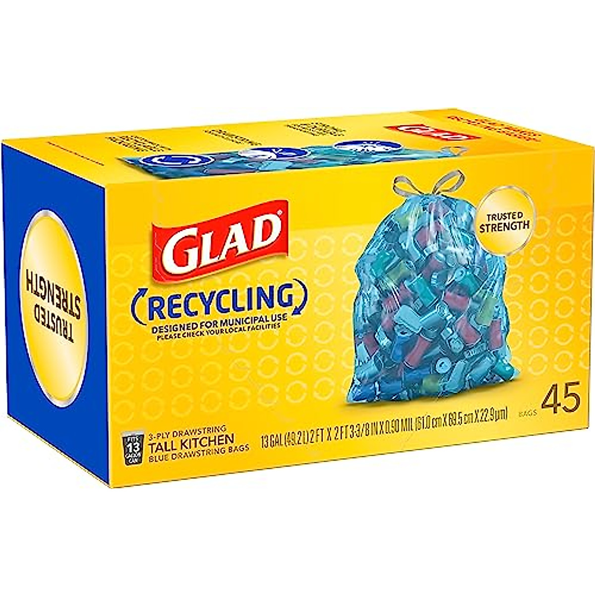 Glad Recycling Tall Drawstring Kitchen Trash Bags, Blue, 13 Gallon, 45 Count, Pack May Vary