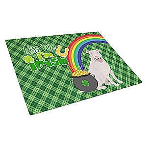 Caroline's Treasures WDK4741LCB White Pit Bull Terrier St. Patrick's Day Glass Cutting Board Large, 12H x 16W, multicolor