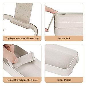 Bento Box for Adults, 3-In-1 Meal Prep Container, 900ML Japanese Lunch Box with Compartment, Wheat Straw, Leak-proof, Spoon & Fork, BPA-free (Beige)