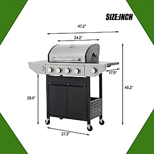 4-Burners Propane Gas BBQ Grill with Side Burner and Thermometer, Cart Style Outdoor Stainless Steel Cooking Barbecue Propane Grill for Backyard Barbecue Camping