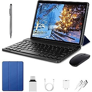 Tablet with Keyboard, Newest 2 in 1 Tablet 10 inch Android 11 Tablet, Quad-Core Processor, 64GB+4GB, 128GB Expandable, 2.4+5G WiFi, Dual Camera, 6000mAh, Bluetooth, GPS (Blue)