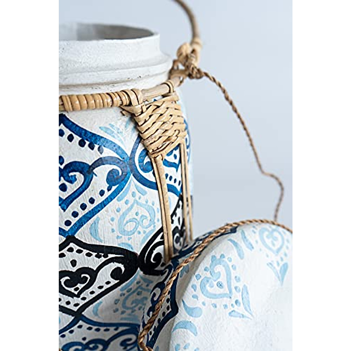 Siam Sawadee White Weaved Bamboo Rice Basket, Hand Woven Thai Rattan Jar, Handcrafted Traditional Household Wicker Container, Moroccan Pattern Painted, Handmade in Thailand, 7x12 inches