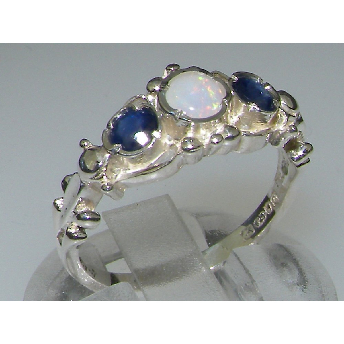 925 Sterling Silver Natural Opal and Sapphire Womens Trilogy Ring - Size 4.75