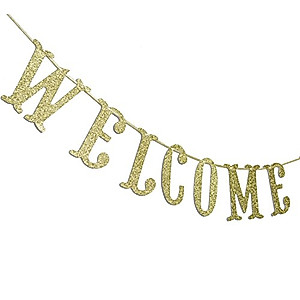 Welcome Gold Glitter Banner for First Day of School Teacher Banner Classroom Decor Decoration Home Schoolyard Party Supplies Cursive Bunting Photo Booth Props Sign