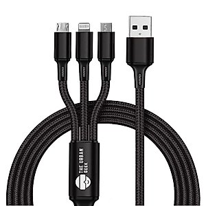 TheUrbanGeek 3-in-1 Nylon Braided Fast USB Charging/Data Cable, 3.28 ft, Compatible with Apple iPhone 14/Pro/13 Through iPhone 6, Android, Tablet, 3 Ports and 5 Colors (Black)