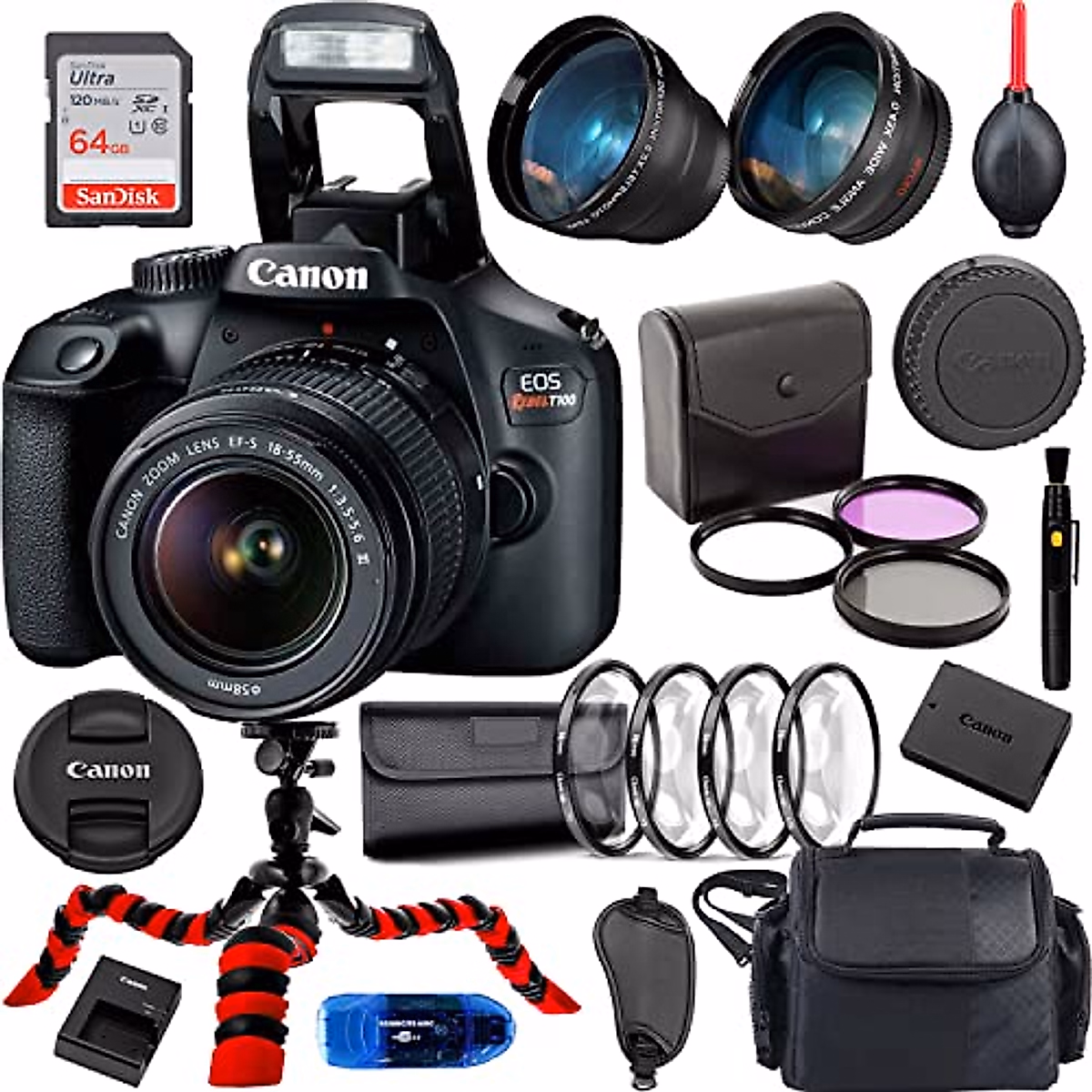 Rebel T100 / 4000D DSLR Camera with EF-S 18-55mm f/3.5-5.6 III Camera Lens Bundle + Accessories (64Gb Memory Card, Wide Angle and Telephoto Lens, Spider Tripod, Gadget Bag and More)