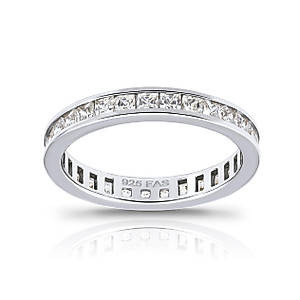 Hoops & Loops 925 Sterling Silver 2mm Princess-Cut Cubic Zirconia Channel Set Eternity Band Ring for Women Teen Girls, Size 7