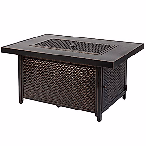Fire Sense 62750 Weyland Hammered Aluminum Convertible Gas Fire Pit Table 55000 BTU Multifunctional Outdoor Firepit with Fire Bowl Lid, Nylon Cover & Clear Fire Glass Bronze Finish - Rectangular 48"