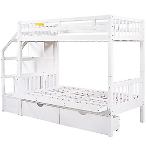 Twin Over Full Futon Bunk Beds with Stairs and Storage Drawers Convertible Wood Bunk Bed Frame Couch and Bed for Kids Boys Girl Adults Teens Dorm, White