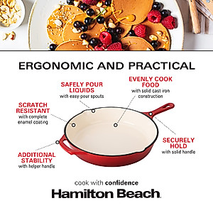 Hamilton Beach Enameled Cast Iron Fry Pan 12-Inch Red, Cream Enamel coating, Skillet Pan For Stove top and Oven, Even Heat Distribution, Safe Up to 400 Degrees, Durable