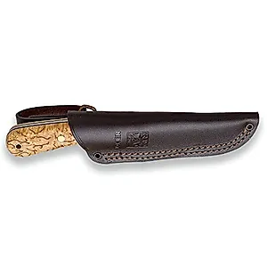 Joker Knife Mountaineer S CL135, 4.3 in. Blade Sandvik 14C28N, Curly Birch Handle, Brown Leather Sheath, Tool for Fishing, Hunting, Camping and Hiking