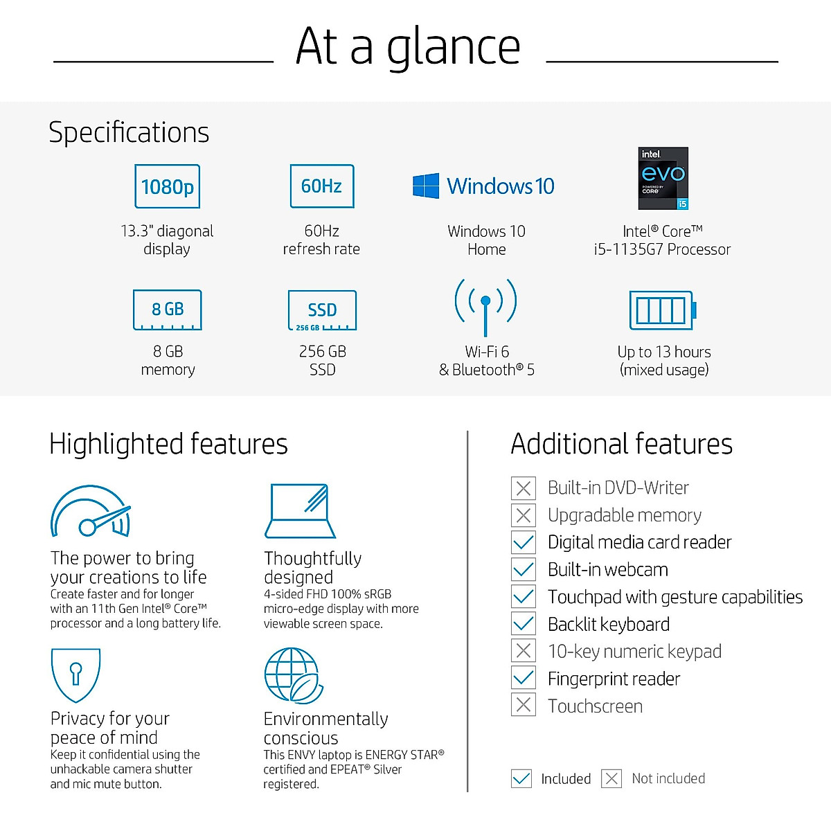 2022 Newest HP Envy 13.3" FHD Laptop Computer for Business & Student, Intel 11th Gen Core i5-1135G7 up to 4.2GHz, 8GB RAM, 256GB PCle SSD, Fingerprint Reader, Backlit Keyboard, Win 10, w/ Accessories