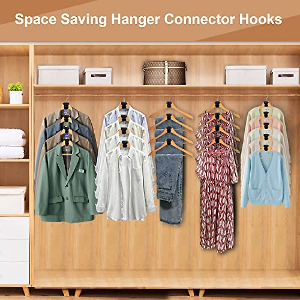 LIZMSIE 20PCS Space Saving Hangers Hooks, Space Savers Bear-Shaped with Triangles for Hangers, Clothes Hanger Connector Hooks, Hanger Extender for Heavy Duty Cascading Connection Hook, Black