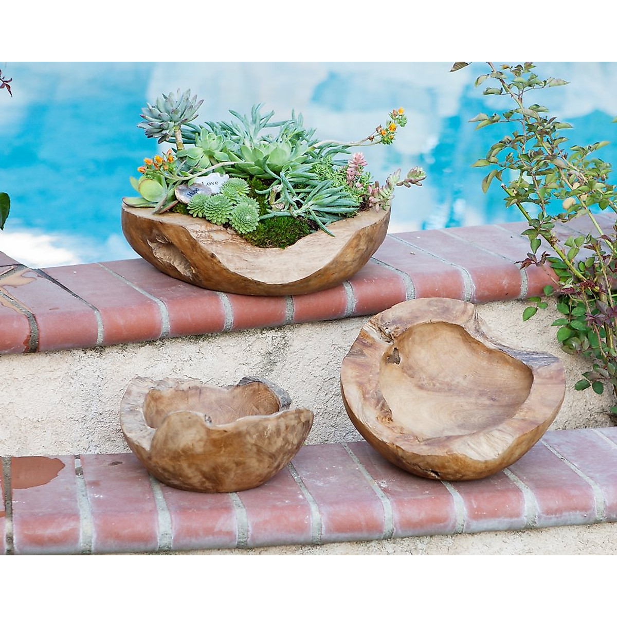 Garden Age Supply Hand Sculpted Natural Reclaimed Teak Wood Bowl Planter (Medium)