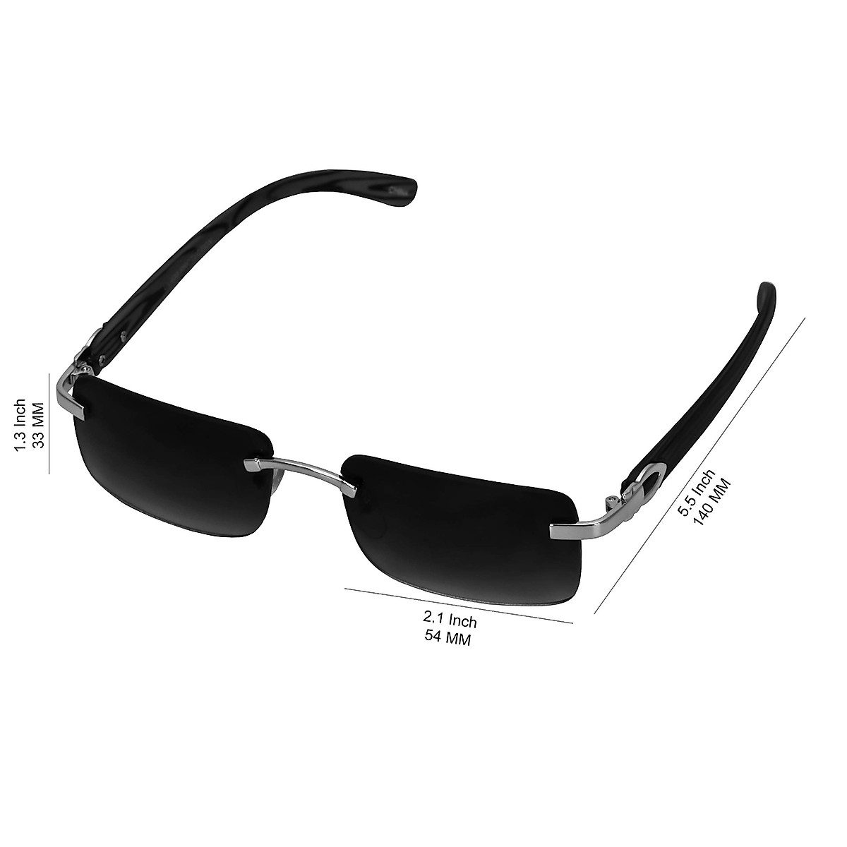 Elite Slim Rimless Rectangular Metal & Wood Art Aviator Sunglasses (Black)