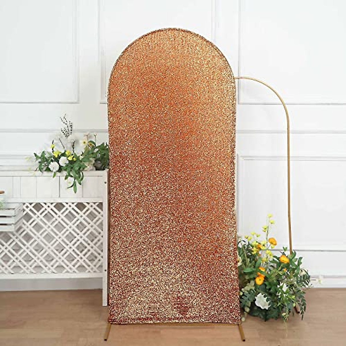 TABLECLOTHSFACTORY 6ft Shiny Antique Gold Spandex Fit Round Top Backdrop Frame Stand Cover, 2-Sided Metallic Sparkly Wedding Arch Cover