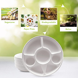 Three Leaf 7 COMPARTMENT BAGASSE ROUND PLATE, 50 Ct. Heavy-Duty- Super Strong- Natural- Eco-Friendly Disposable Bagasse Plates, 100% Biodegradable 7 compartment plates