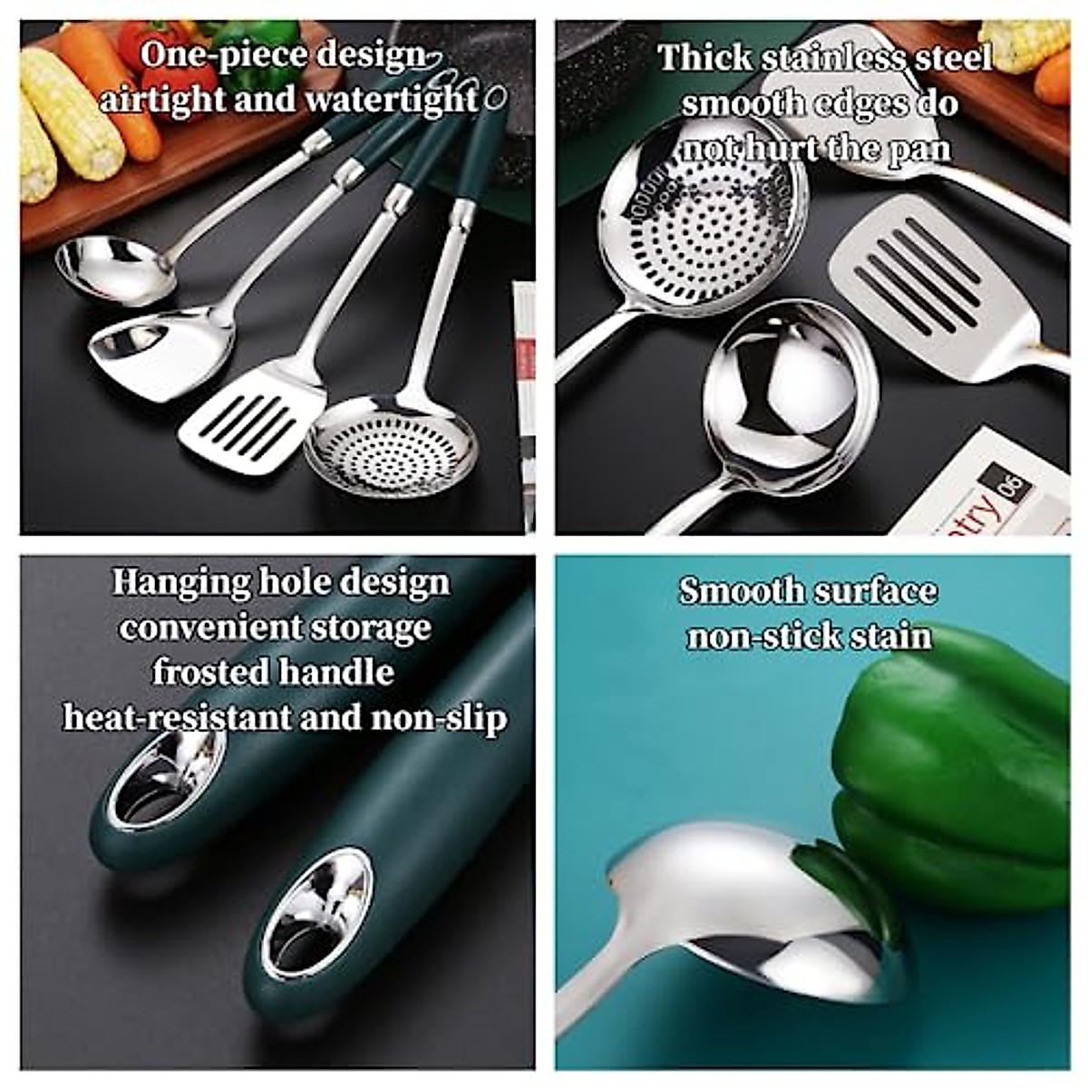 Niulife Kitchen Utensils Set, 4pcs Large Heat Resistant Cooking Utensil Spatula, Green Stainless Steel Nonstick Gadgets Tools, Dishwasher Safe Spatulas Spoon for, Home, Essentials