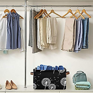 AGONA White Flower Dandelion Black Foldable Storage Bins Large Collapsible Fabric Storage Baskets with Leather Handles Organizing Box for Shelves Home Bedroom Nursery Office 2 Pack