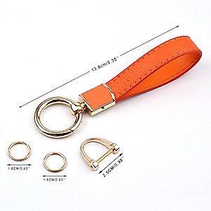 leather men and women general-purpose car keychain chain holders can be rotated 360 degrees, anti-lost D-rings, Orange + Gold Horseshoe Buckle,