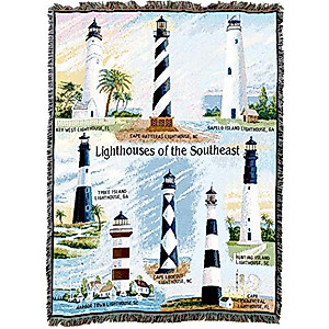 Lighthouses of the Southeast Blanket - Key West Cape Hatteras Sapelo Tybee Harbor Lookout Canaveral Hunting Island - Coastal Ocean Gift Tapestry Throw Woven from Cotton - Made in the USA (72x54)