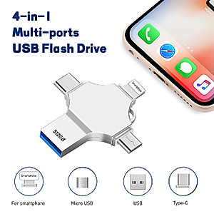 AOIRHLA 512GB USB 3.0 Flash Drive - 4 in 1 Memory Stick and Thumb Drive for Smartphones, Computers, Laptops, PCs, and Android - External Data Storage