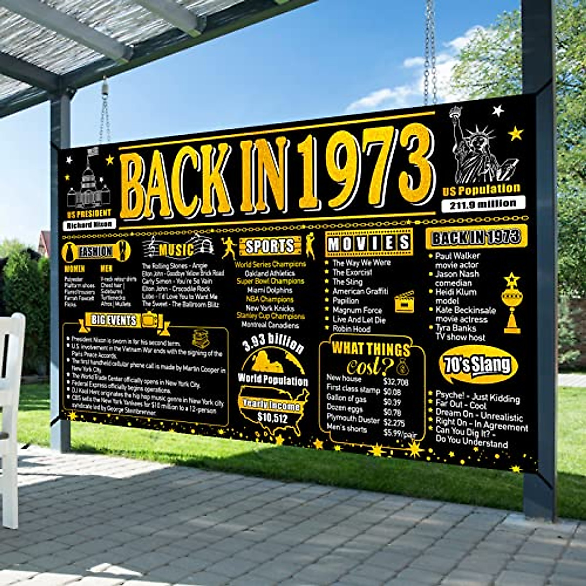 Large 50th Birthday Decorations Back in 1973 Banner Backdrop for Men Women, Black Gold Happy 50 Birthday Sign Party Supplies, Fifty Birthday Poster Photo Booth Props Background Decor