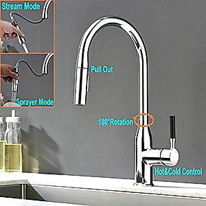 Leekayer Pull Out Kitchen Faucet with Sprayer Chrome Finish Kitchen Mixer Tap Single Lever One Hole Mount 2 Water Flow Type