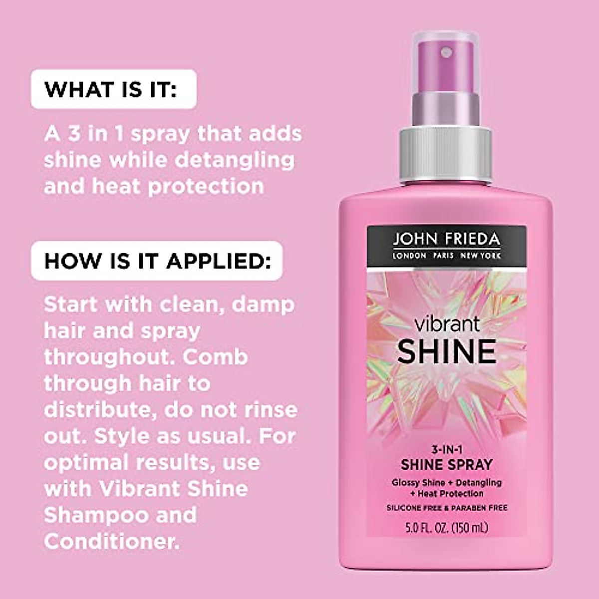 John Frieda Vibrant Shine Spray, Glossy Hair Treatment & Weightless Argan Oil Spray for Detangling, with Heat Protectant up to 450F, 5 Ounce