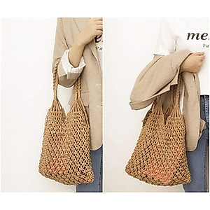 Hixixi Cotton Rope Totes Travel Beach Fishing Net Handbag Shopping Woven Shoulder Bag for Women Girls (Khaki)