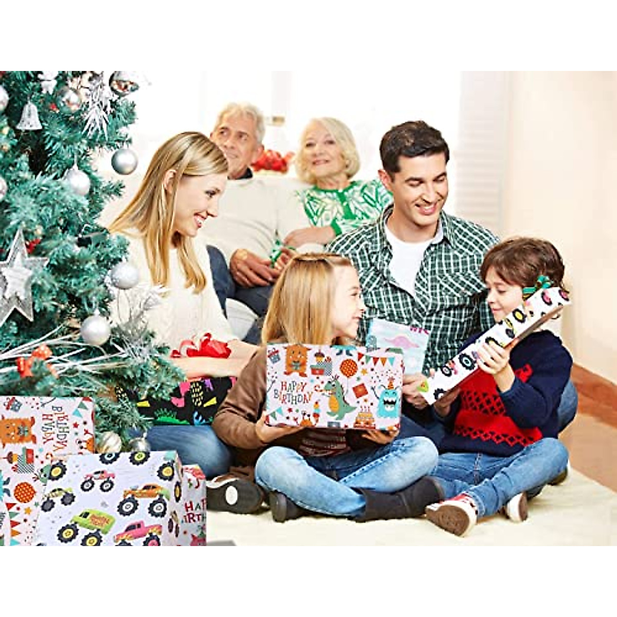 Camkuzon Birthday Wrapping Paper for Boys, Girls, Kids. 4 Cute Design Includes Monster,Car,Dinosaur.Gift Paper for Holiday,Party,Baby Shower-1 Pack Contains 10 Sheets-20 inch X 30 inch Per Sheet ,Folded Flat, Not Rolled