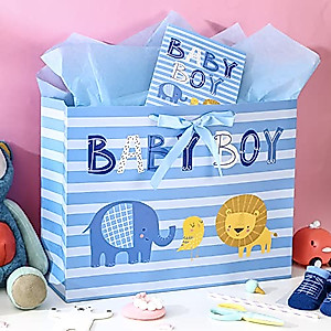 Loveinside Baby Boy Gift Bag with Tissue Paper and Greeting Card for Baby Shower, New Parents, and More - 16.5" x 12.6" x 5.7", 1 Pcs