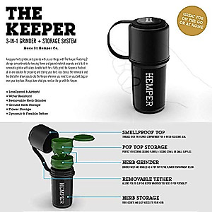 HEMPER Keeper 3-IN-1 Grinder + Storage System with Smell Proof Storage With Travel Ready Tether Strap | Lightweight