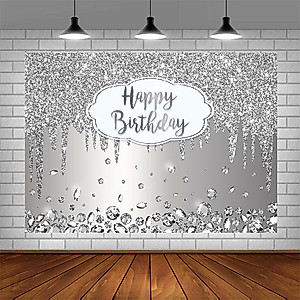 ABLIN 7x5ft Happy Birthday Backdrop Dripping Glitter Crystal Diamond Silver Photo Background Girls Women Bday Party Decorations Cake Table Banner Wall Decor Props