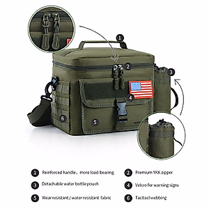 JOYHILL Tactical Lunch Box for Men, Insulated Lunch Bag with Detachable Bottle Pouch Holder, Medium Durable Thermal Cooler Bag,Modern Leakproof Bag for Work, Camping, Picnic,Green,13L/18 Can