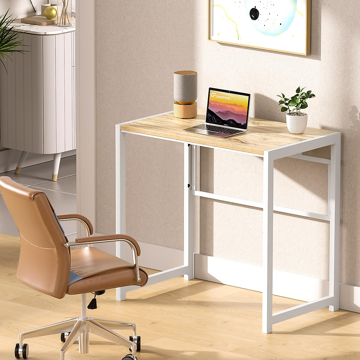 GreenForest Folding Desk No-Assembly, 31.5 in Small Desk for Small Spaces, Computer Desk for Home Office, Space Saving Foldable Table, Study Writing Desk, Oak White