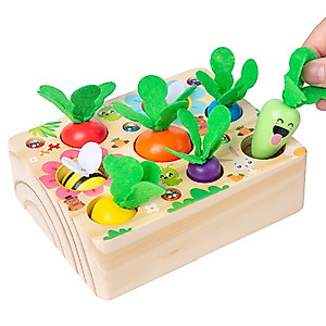 DuLaSeed Montessori Toys, 17 Packs Carrot Harvest Game Wooden Shape Size Sorting Puzzles Toys for Birthday Gift,Learning Educational Toys for Toddlers Baby Preschool 3+ Years Old Girls Boys