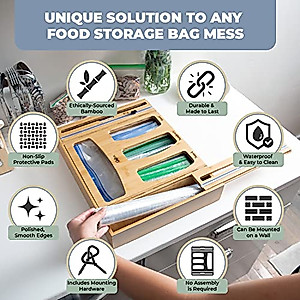 6-in-1 Slim Profile Bamboo Ziplock Bag Organizer for Drawer - Foil and Plastic Wrap Organizer | Baggie & Storage Bag Kitchen Organizer for Gallon, Quart, Sandwich, Snack