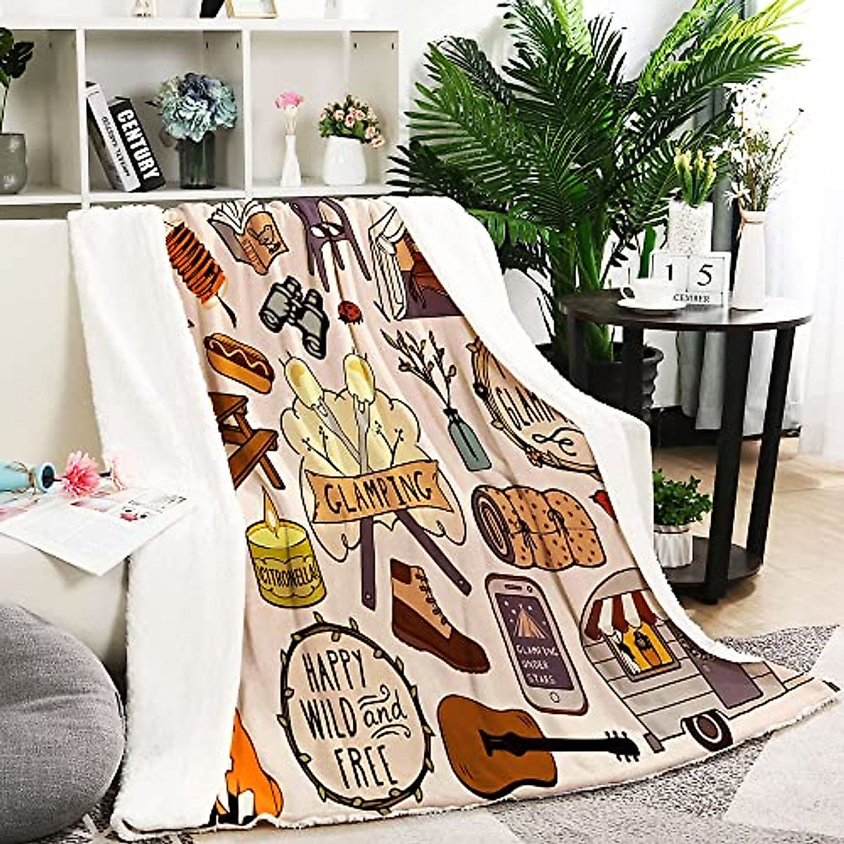 Camping Blanket Camper Decor Fleece Throw Blankets Happy Camping Soft Plush Warm Sherpa Blanket for Women and Men Gifts for Camping Lovers