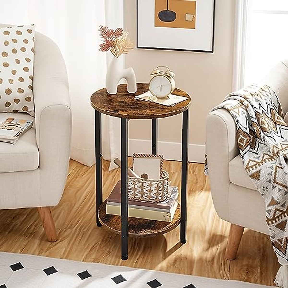 HOOBRO Round Side Table, Sofa Couch Table with Storage Shelf, 2-Tier Industrial End Table, Stable Metal Frame, Wooden Look Accent Table for Small Spaces, Living Room, Bedroom, Rustic Brown BF58BZ01G1