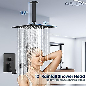 Airuida Matte Black 12 Inch Rainfall Shower System, Ceiling Mount Shower Faucet, Bathroom Shower Fixture with SUS304 Ultra-thin Rainfall Shower Head, Brass Handheld Shower Mixer with Rough-in Valve