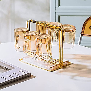 YISMAN Metal Cup Drying Rack with 6 Hooks, Bottle Drying Rack with Drain Tray,Coffee Mug Holder,Mug Organizer Golden
