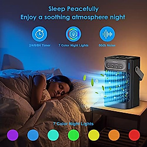 Portable Air Conditioners Cooling Fan – Daonsuty Mini Conditioner, Evaporative Cooler with 3 Cool Mist & Speeds, 7 Night Light 2-8H Timer, Personal for Bedroom Office Camping Black JBN-001