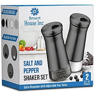 The Original Salt and Pepper Shakers set - Black -Spice Dispenser with Adjustable Pour Holes - Stainless Steel & Glass - Set of 2 Bottles