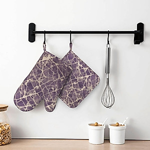 Purple Marble Pattern Silicone Oven Mitts Pot Holder Sets 2pcs Cute Design Washable Non Slip Kitchen Heat Resistant Mat Women's Cooking Gloves for Baking and BBQ Wear
