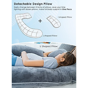 QUEEN ROSE Pregnancy Pillow, U Shaped Body Pillow for Sleeping, Maternity Pillows with Detachable Pillow for Side Sleepers Support, Grey Velvet Cover