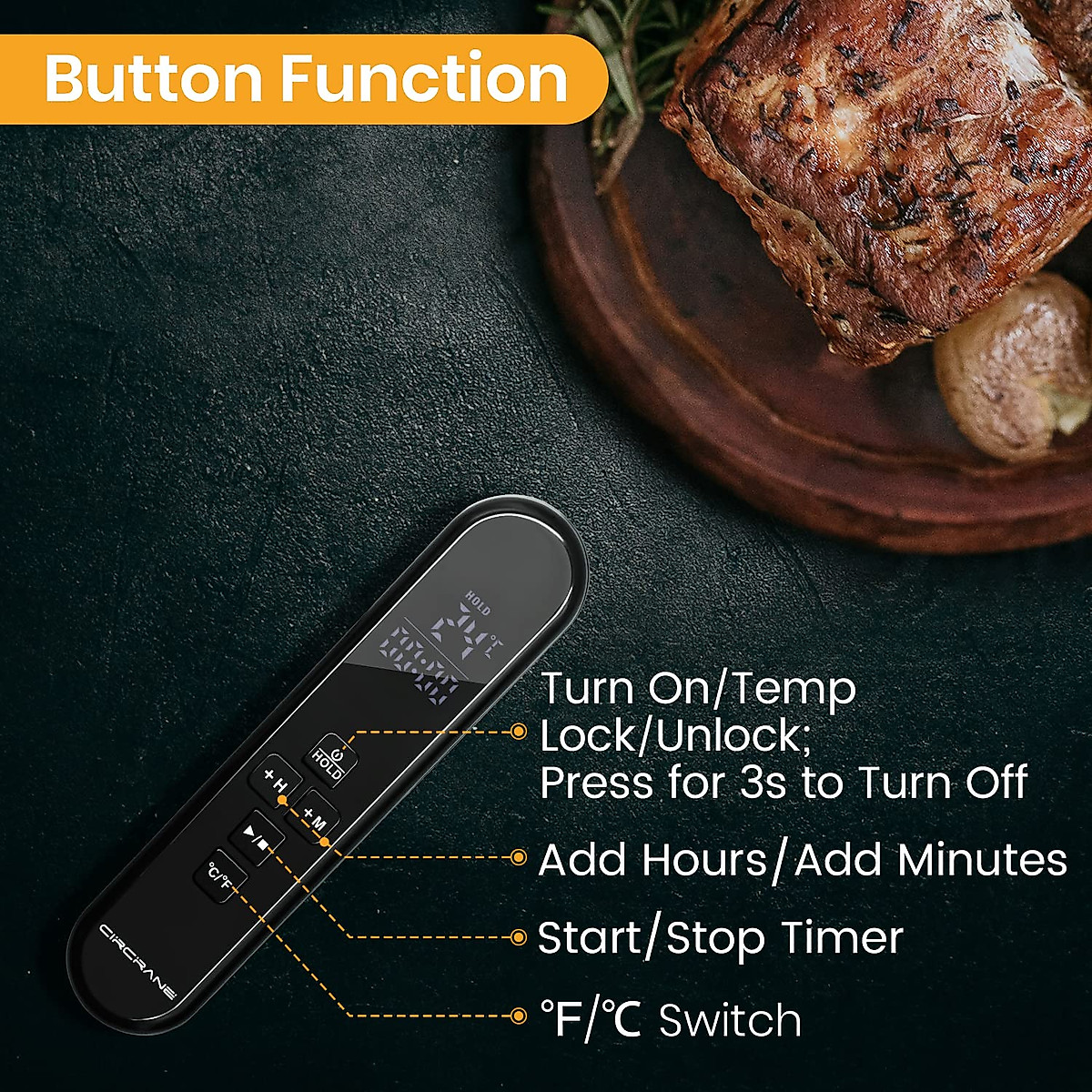 Circrane Digital Instant Read Thermometer, LED Hight Bright Screen with Huge Digits and Alarm, Meat Thermometer for Grilling, Cooking and BBQ, Black