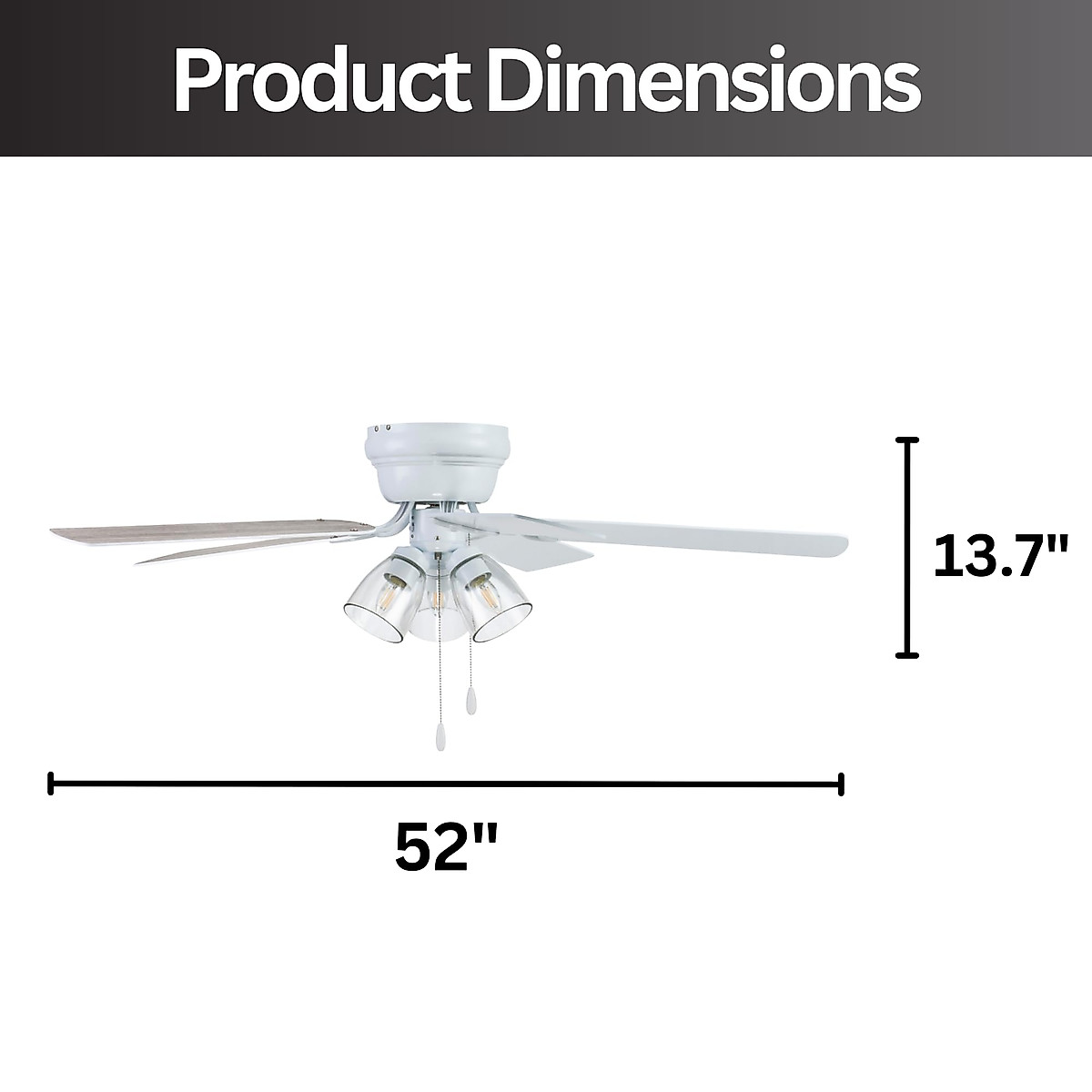 Portage Bay Ceiling 52" Renton White Indoor Fan with Clear 3 Light LED Multi Arm E26/B11 Bulb and Pull-Chains, Traditional Style, 5 Reversible Gray Oak Blades, 51441, 52 Inch