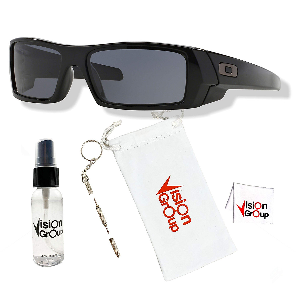 Oakley GASCAN OO9014 Sunglasses for Men + Vision Group Accessories Bundle (Polished Black/Grey (03-471), 60, Millimeters)