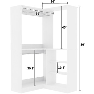 Unikito Corner Closet System, 36 Inch Large Freestanding Closet Organizer System with 2 Hanging Rods and Storage Shelves, Sturdy Walk in Closet Tower, 36" W x 36" D x 80" H, White